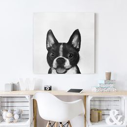 Bilderwelten Leinwandbild - Quadrat Illustration Hund Boston Schwarz Wei&szlig; Malerei
