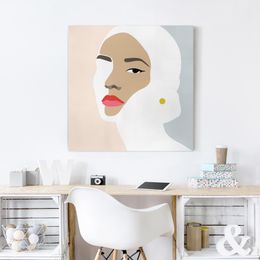 Bilderwelten Leinwandbild - Quadrat Line Art Portrait Frau Pastell Grau