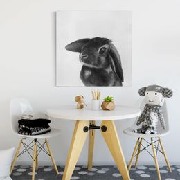 Bilderwelten Leinwandbild - Quadrat Illustration Hase Schwarz Wei&szlig; Zeichnung