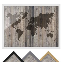 Bilderwelten Bild mit Rahmen Weltkarte einzigartig modern Holzoptik - Holz Weltkarte - Karten Wohnzimmer Schlafzimmer