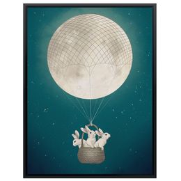 Bilderwelten Leinwandbild - Hochformat Illustration Hasen Mond-Hei&szlig;luftballon Sternenhimmel