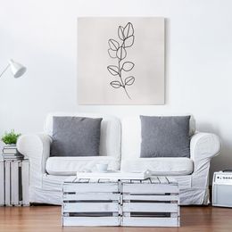 Bilderwelten Leinwandbild - Quadrat Line Art Zweig Bl&auml;tter Schwarz Wei&szlig;