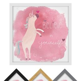 Spruch Bild mit Rahmen Einhorn-Truppe - Believe