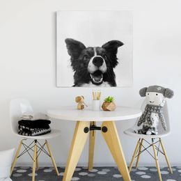 Bilderwelten Leinwandbild - Quadrat Illustration Hund Border Collie Schwarz Wei&szlig; Malerei