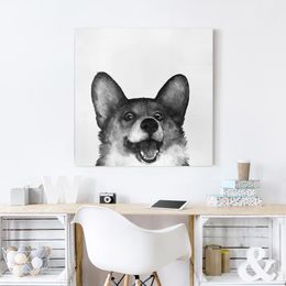 Bilderwelten Leinwandbild - Quadrat Illustration Hund Corgi Wei&szlig; Schwarz Malerei