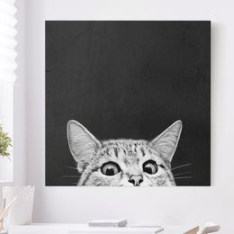 Bilderwelten Leinwandbild - Quadrat Illustration Katze Schwarz Wei&szlig; Zeichnung