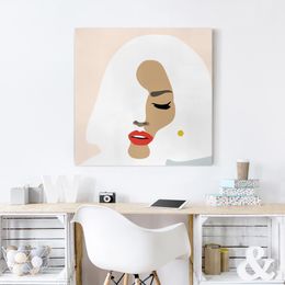 Bilderwelten Leinwandbild - Quadrat Line Art Portrait Frau Pastell Beige
