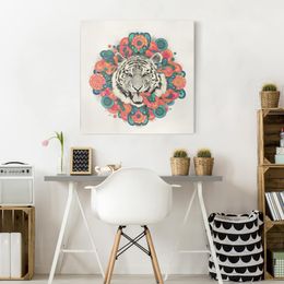 Bilderwelten Leinwandbild Tiere Pop Art Kunstdruck rosa - Illustration Tiger Zeichnung Mandala Paisley - Paisley XXL Wohnzimmer Schlafzimmer