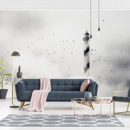 Bilderwelten Fototapete Strand Motiv Wandtapete weiss - Leuchtturm im Nebel - Leuchtturm Wohnzimmer Schlafzimmer