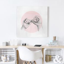 Bilderwelten Leinwandbild originell Pop Art Kunstdruck rosa - Illustration H&auml;nde Freundschaft Kreis Rosa Wei&szlig; - Wandbild XXL Wohnzimmer Schlafzimmer