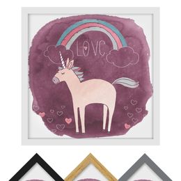 Bilderwelten Bild mit Rahmen Tiere violett Abstrakt inkl. Rahmung - Einhorn-Truppe - Love - Spr&uuml;che Wohnzimmer Schlafzimmer