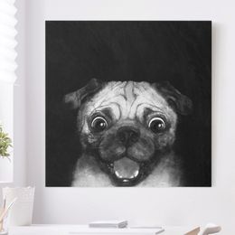 Bilderwelten Leinwandbild - Quadrat Illustration Hund Mops Malerei auf Schwarz Wei&szlig;
