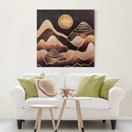 Bilderwelten Leinwandbild Natur Abstrakt Aquarell gold - Goldene Sonne abstrakte Berge - Landschaft XXL Wohnzimmer Schlafzimmer