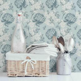 Bilderwelten Mustertapete Vliestapete Vintage Wandtapete einzigartig - Hortensia pattern in blue - Retro Wohnzimmer Schlafzimmer