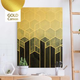 Bilderwelten Leinwandbild - Hochformat Goldene Sechsecke Blau Wei&szlig;