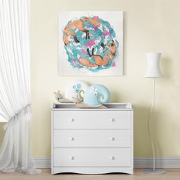 Bilderwelten Leinwandbild Tiere Pop Art Kunstdruck t&uuml;rkis - Illustration F&uuml;chse und Wellen Malerei - Wandbild XXL Wohnzimmer Schlafzimmer
