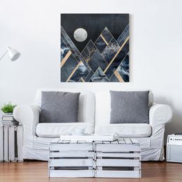 Bilderwelten Leinwandbild originell Abstrakt Aquarell blau - Goldener Mond abstrakte schwarze Berge - Wandbild XXL Wohnzimmer Schlafzimmer