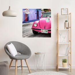 Bilderwelten Glasbild Fahrzeuge modern einzigartig Glas Wandbild - Pink VW Beetle - Skylines Wohnzimmer Schlafzimmer