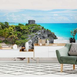 Bilderwelten Fototapete Strand Tropisch Wandtapete gr&uuml;n - Karibikk&uuml;ste Tulum Ruinen - Karibik Wohnzimmer Schlafzimmer