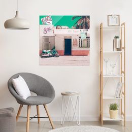 Bilderwelten Glasbild Stadt Vintage pastell Glas Wandbild - Mini Supermarkt Vintage - Skylines Wohnzimmer Schlafzimmer