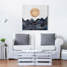 Bilderwelten Leinwandbild - Quadrat Goldene Sonne blaue Wellen