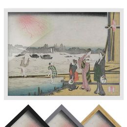 Bilderwelten Bild mit Rahmen originell grau modern inkl. Rahmung - Katsushika Hokusai - Ein k&uuml;hler Abend in Ryogoku - Deko Wohnzimmer Schlafzimmer