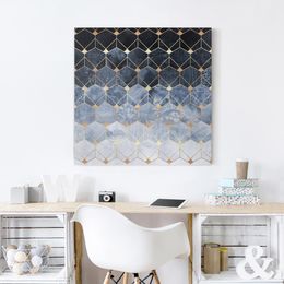 Bilderwelten Leinwandbild - Quadrat Blaue Geometrie goldenes Art Deco