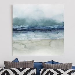 Bilderwelten Leinwandbild Strand Abstrakt Aquarell blau - Mariner Nebel I - Wandbild XXL Wohnzimmer Schlafzimmer