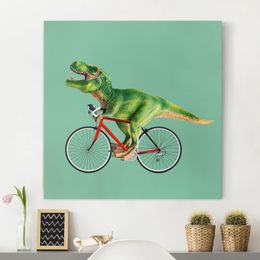 Bilderwelten Leinwandbild - Quadrat Dinosaurier mit Fahrrad