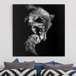 Bilderwelten Leinwandbild Tiere Motiv Kunstdruck schwarz weiss - Wolf vor Schwarz - Wandbild XXL Wohnzimmer Schlafzimmer
