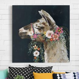 Bilderwelten Leinwandbild - Quadrat Lama mit Blumenschmuck II