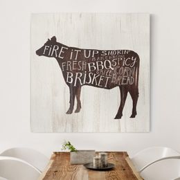 Bilderwelten Leinwandbild Kulinarisch Illustration Kunstdruck braun - Bauernhof BBQ - Kuh - Spr&uuml;che XXL K&uuml;che