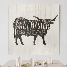 Bilderwelten Leinwandbild Kulinarisch Illustration Kunstdruck braun - Bauernhof BBQ - Rind - Spr&uuml;che XXL K&uuml;che