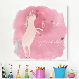 Bilderwelten Leinwandbild - Quadrat Einhorn-Truppe - Believe