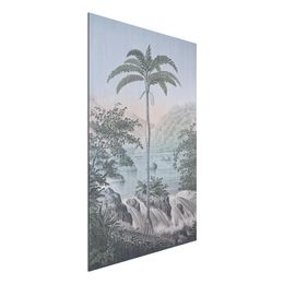 Bilderwelten Alu Dibond Outdoor Bild Natur blau Vintage wetterfest - Vintage Illustration - Landschaft mit Palme - Palme Wohnzimmer Schlafzimmer