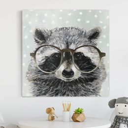 Bilderwelten Leinwandbild Tiere Illustration Kunstdruck grau - Bebrillte Tiere - Waschb&auml;r - Wandbild XXL Kinderzimmer Baby M&auml;dchen Jungen