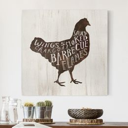 Bilderwelten Leinwandbild Kulinarisch Illustration Kunstdruck braun - Bauernhof BBQ - Huhn - Spr&uuml;che XXL K&uuml;che