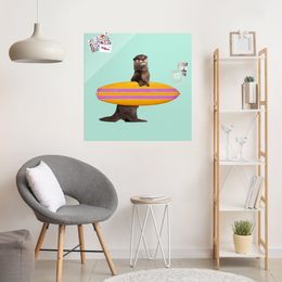 Bilderwelten Glasbild Tiere Fotomontage t&uuml;rkis Glas Wandbild - Otter mit Surfbrett - Surfen Jugendzimmer