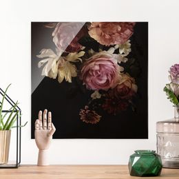 Bilderwelten Glasbild Blumen Vintage einzigartig Glas Wandbild - Rosa Blumen auf Schwarz Vintage - Rose Wohnzimmer Schlafzimmer