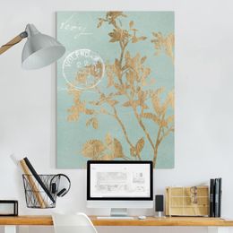 Bilderwelten Leinwandbild Botanik Spruch Goldene Bl&auml;tter auf Turquoise II - Leinwanddruck Hochformat - Wandbild S-XXL modernes Bild auf Leinwand Flur