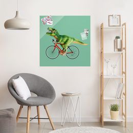 Bilderwelten Glasbild Tiere Fotomontage gr&uuml;n Glas Wandbild - Dinosaurier mit Fahrrad - Fahrrad Jugendzimmer