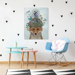Bilderwelten Leinwandbild Tiere Schmetterling Fuchs mit Schmetterlingshut - Leinwanddruck Hochformat - Wandbild S-XXL modernes Bild auf Leinwand Flur