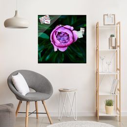 Bilderwelten Glasbild Blumen Motiv gr&uuml;n Glas Wandbild - Lila Pfingstrosenbl&uuml;te vor Bl&auml;ttern - Rose Wohnzimmer Schlafzimmer