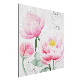 Alu Dibond Outdoor Bild - Zeichnung Rosa P&auml;onien I - Blumen rosa modern Aquarell Rose Wohnzimmer Schlafzimmer