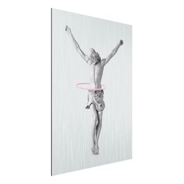 Bilderwelten Alu Dibond Outdoor Bild originell t&uuml;rkis Fotomontage wetterfest - Jesus mit Hula Hoop Reifen - Religion Wohnzimmer Schlafzimmer