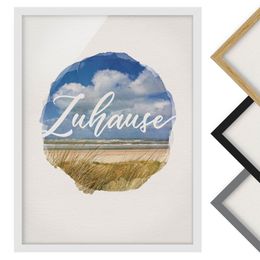 Bilderwelten Bild mit Rahmen Strand blau Fotomontage Aquarell - Wasserfarben - Zuhause - D&uuml;nen Wohnzimmer Schlafzimmer