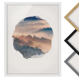 Bilderwelten Bild mit Rahmen Wald beige Fotomontage Aquarell - Wasserfarben - Nebel bei Sonnenuntergang - B&auml;ume Wohnzimmer Schlafzimmer
