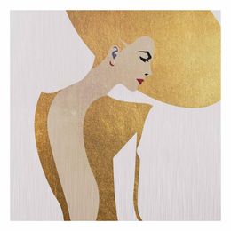 Bilderwelten Alu Dibond Outdoor Bild Portrait gold Illustration wetterfest - Dame mit Hut in Gold - Deko Wohnzimmer Schlafzimmer