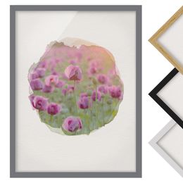 Bilderwelten Bild mit Rahmen - Hochformat Wasserfarben - Violette Schlafmohn Blumenwiese im Fr&uuml;hling