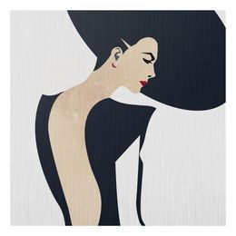 Bilderwelten Alu Dibond Outdoor Bild Portrait blau Illustration wetterfest - Dame mit Hut in Dunkelblau - Deko Wohnzimmer Schlafzimmer